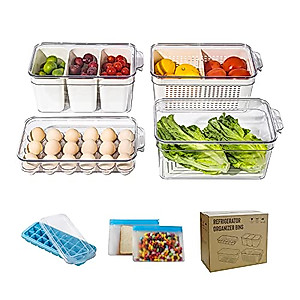 Sunview 7Pack Fruit Containers for Fridge,Produce Saver Refrigerator Organizer Bins,Kitchen Food Storage with Removable Drain Colanders Fridge Organizer,with Ice Tray and Reusable Food Storage Bags