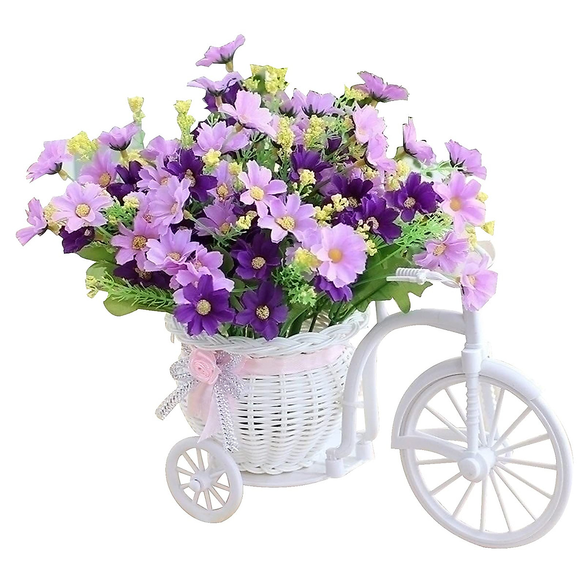 Bicycle Artificial Flower Desktop Decoration Nostalgic Bicycle Planter Garden Decor Mini Tricycle Fake Silk Flower Plant Stand for Home Office Wedding Party Decoration