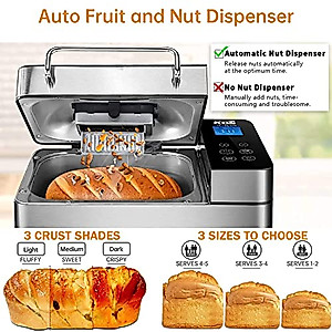 KBS Large 17-in-1 Bread Machine, 2LB All Stainless Steel Bread Maker with Auto Fruit Nut Dispenser, Nonstick Ceramic Pan, Full Touch Panel Tempered Glass, Reserve& Keep Warm Set, Oven Mitt and Recipes