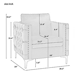 Modern Velvet Accent Chair, Tufted Button Armchair with Pillow and Decorative Nailheads Single Lounge Sofa Chair Club Chair with Steel Legs for Living Room Bedroom Office (Green)