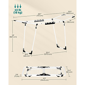 SONGMICS Clothes Drying Rack Foldable, Gullwing Laundry Drying Rack, Space-Saving, 22.2 x 68.1 x 38 Inches, Sock Clips, Metal Structure, for Clothes, Towels, Linens, Indoor, Outdoor White ULLR518W01