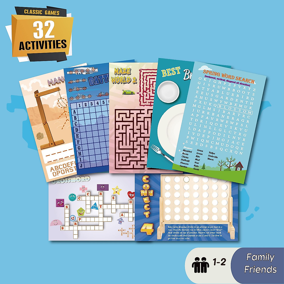 GRANDLMOON 2 Pack Reusable 32 Activity Game Mats Pads with Dry Erase Marker as Travel Toy & Learning Tool for Ages 6-12 (9”X 6”)