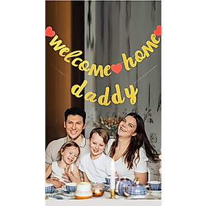 Vrogadso Welcome Home Daddy Banner Pre-Strung No DIY Rose Gold Glittery Party Decorations