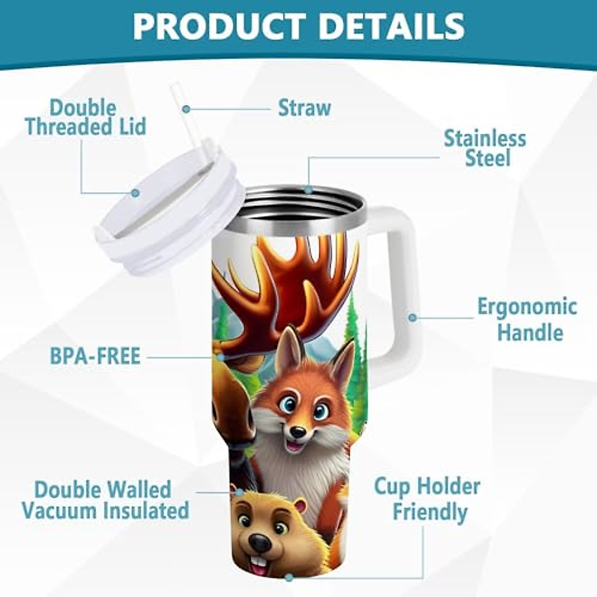 RPLIFE Animals Taking Selfie 40oz Tumbler with Handle, Stainless Steel Cups with Lid, Coffee Tumbler