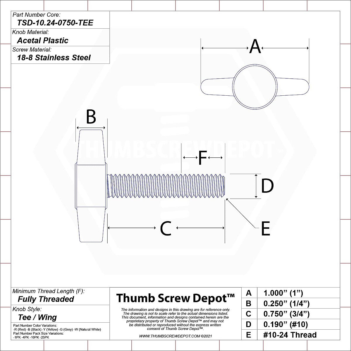 #10-24 x 3/4" Thumb Screw Stainless Steel - Red Tee Wing Plastic Knob - Standard/Coarse Thread Thumbscrew - Length: 0.750" - Proudly Built in USA - Package of (4)