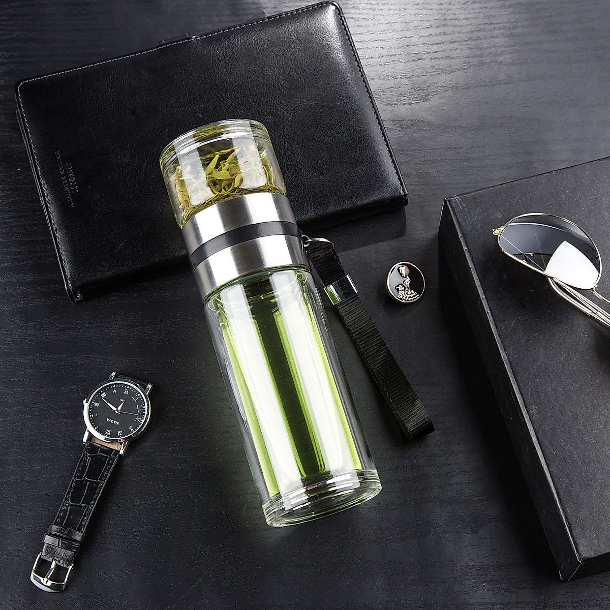 PARACITY Glass Tea Infuser Bottle Tea Flood Cup Double Wall Borosilicate Portable Travel Tumbler Mug Leakproof for Loose Leaf Flower Herbal Tea Bags 13 OZ/380ML