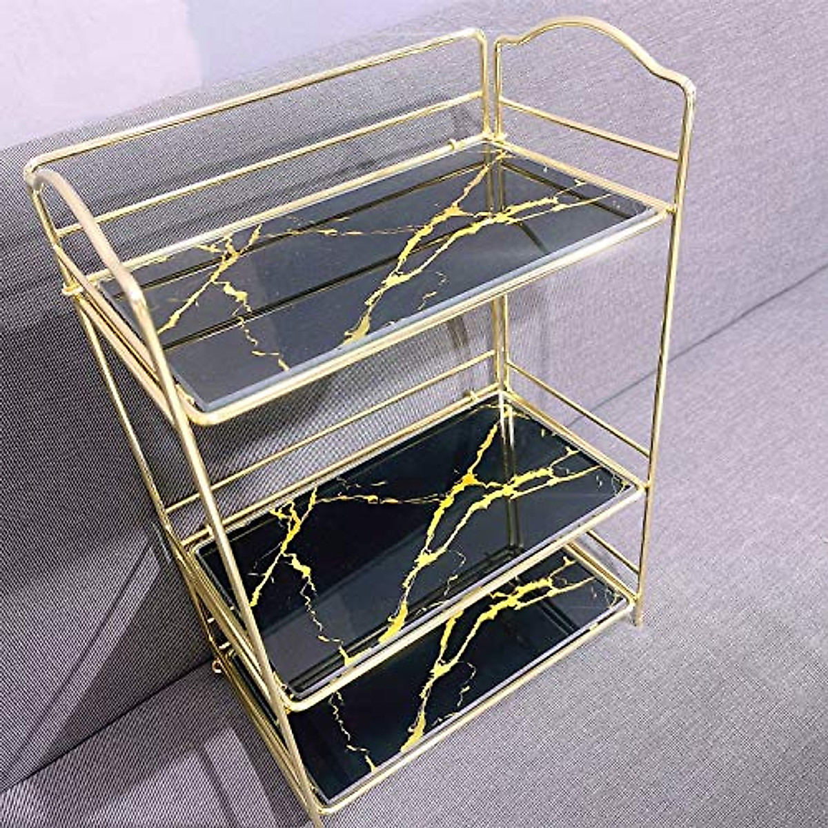 Simmer Stone 3 Tier Makeup Perfume Organizer Shelf, Cosmetic Storage Corner Shelf with Removable Glass Tray, Wire Vanity Organizer Rack for Dresser, Countertop, Bathroom and More (Gold)