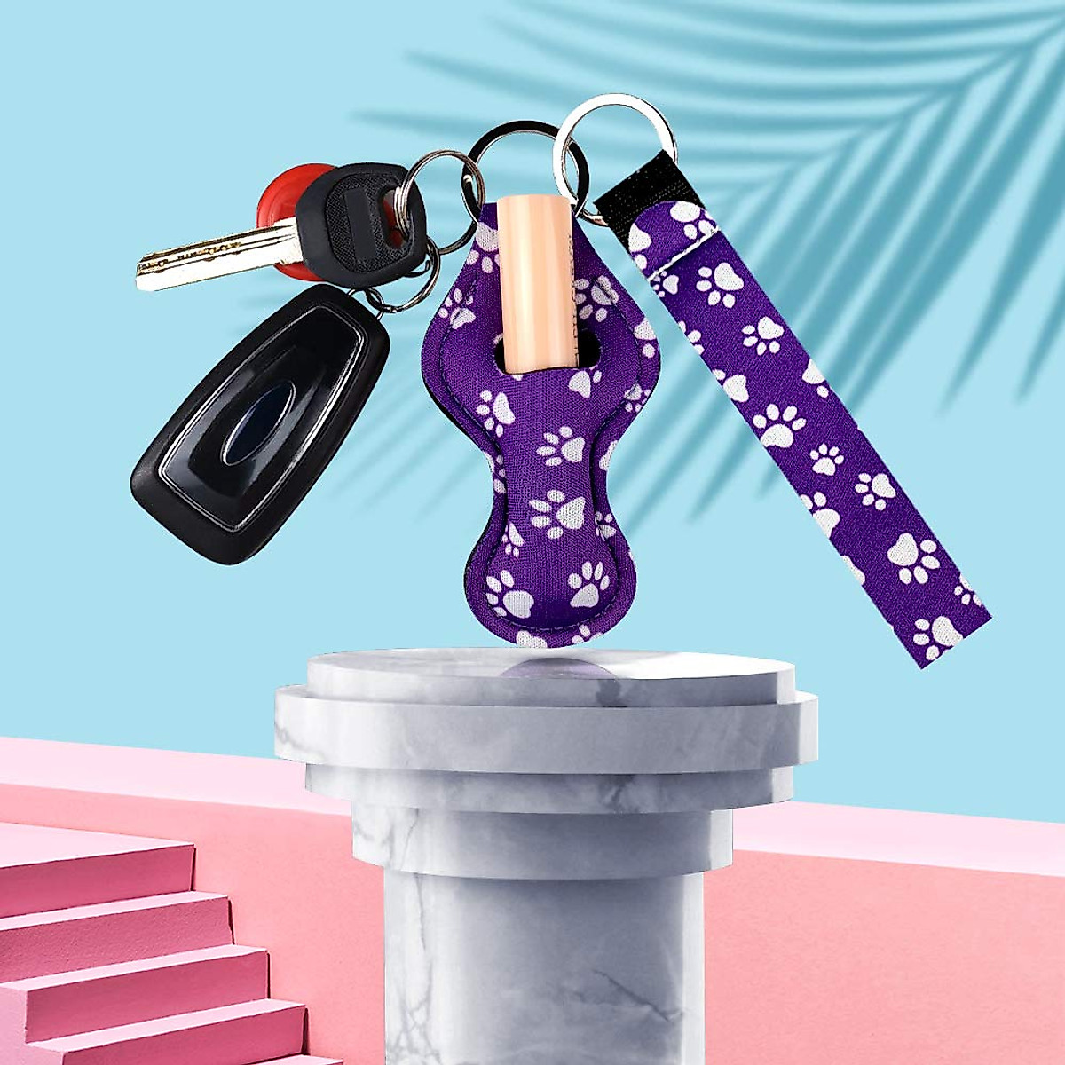 6 pcs Chapstick Holder Keychains with 6 pcs Neoprene Wristlet Keychain Lanyards, Vibrant Colors Lip Balm Keychain Holder, Chapstick Keyring Holder Portable Lipstick Holder Keychains (C 6 pairs)