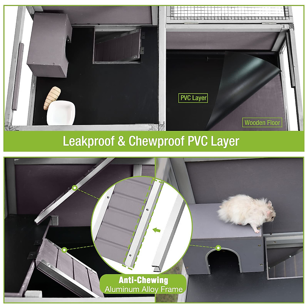 Hamster Cage 2 Story Guinea Pig Cage Large Rat House Indoor Rabbit Cage Outdoor Bunny Hutch with Leakproof PVC Floor and Anti-Chewing Edge