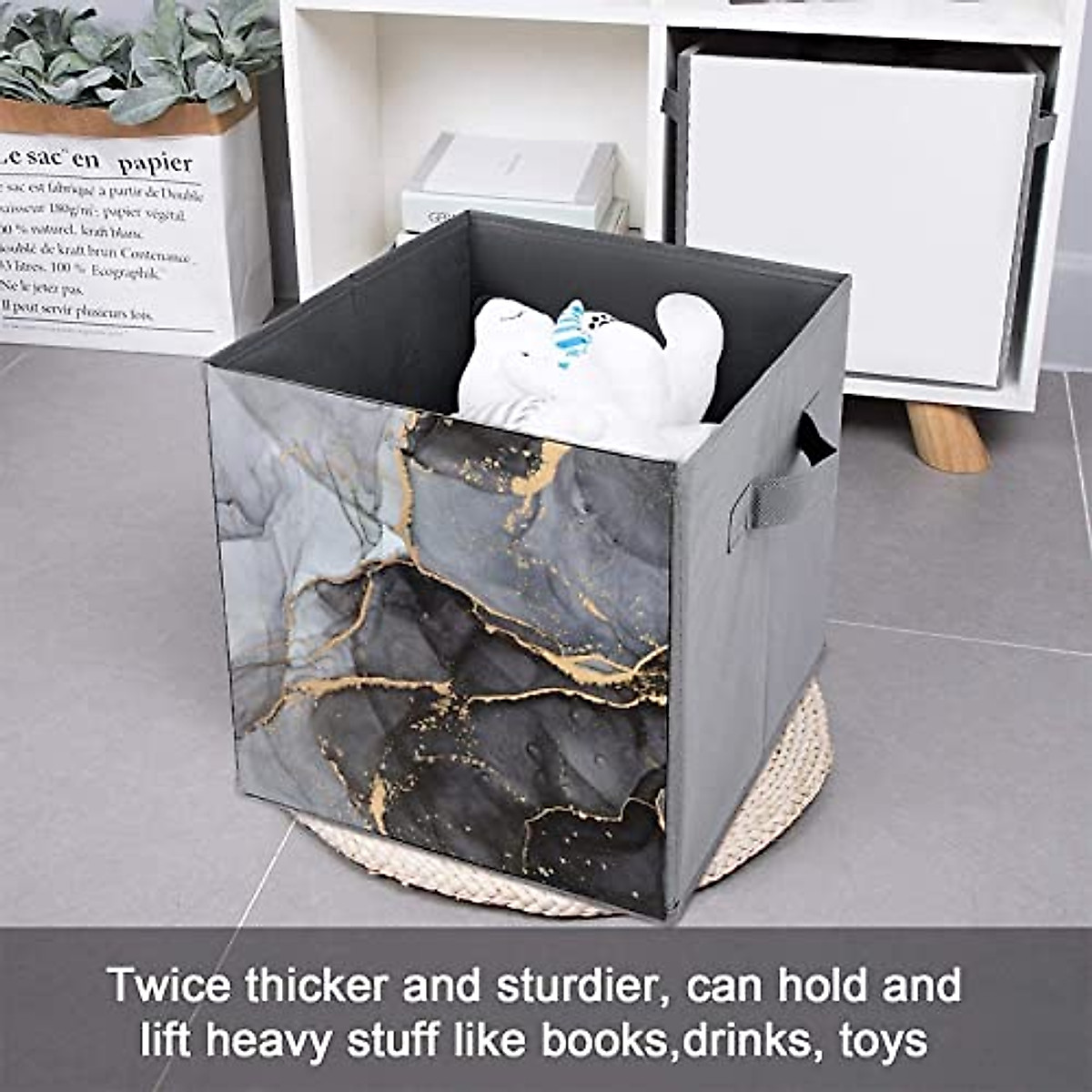 DamTma Luxury Black Marble Collapsible Storage Bins Classic Black White Fabric Storage Cubes with Handles Basket Storage Organizer for Shelves Closet Bedroom Living Room 10.6 in