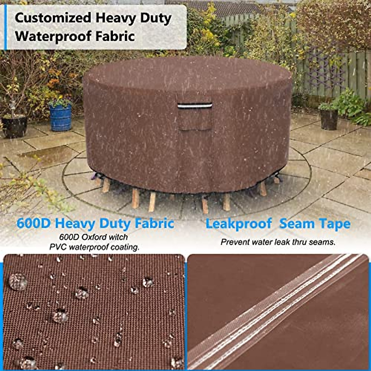 Gasadar Patio Furniture Covers, Waterproof Outdoor Furniture Cover, 600D Heavy Duty Round Patio Table & Chairs Set Cover, All Weather Protection Covers for Patio Furniture Set, 62" Dia x 28" H -Brown