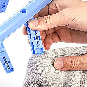 ZENFUN 3 Pack Foldable Laundry Hanger Drying Rack with 32 Clips, Plastic Laundry Clips and Drip Drying Hanger for Socks, Underwears, Towel, Scarf, Side Hanging, Anti-Wind, Blue