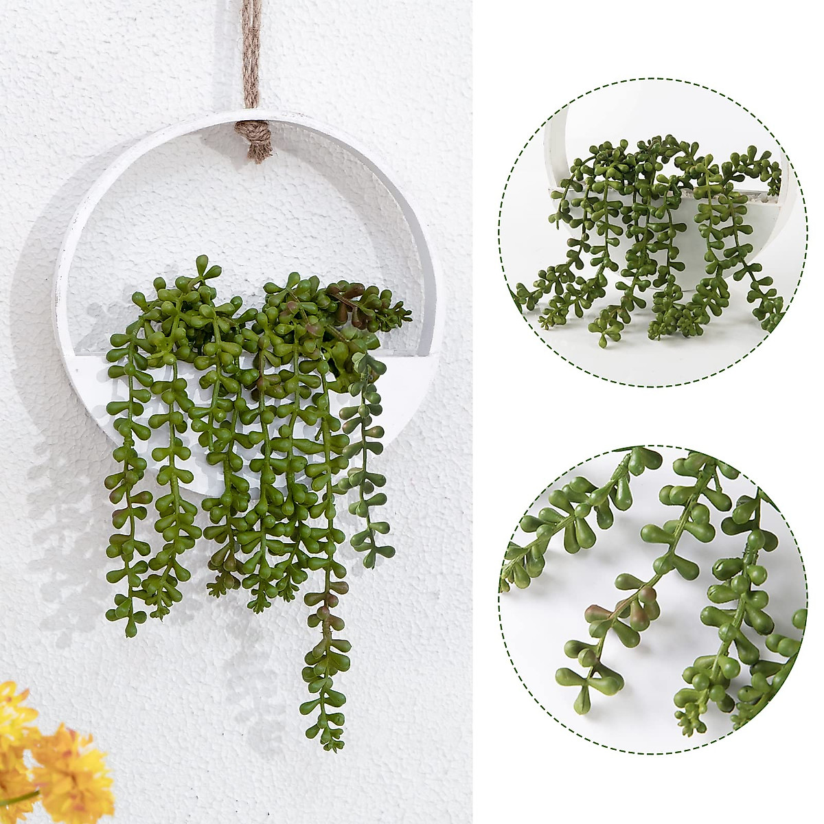 CEWOR 2pcs Artificial Hanging Succulent Plants, Fake String of Pearls in Pot with Lanyard Boho Wall Decor for Bathroom Living Room Home Indoor Outdoor Decorations, White