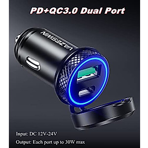 USB C Car Charger, VAZESWIN 60W 5A Mini Metal Super Fast Car Charger Adapter, QC3.0&PD Type C Dual Port Fast Charge USB Car Phone Charger with Blue LED Aperture and Protective Cover