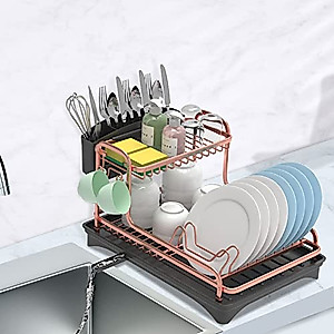 CAOANTRY Aluminum Dish Drying Rack, 2-Tier Rustproof Dish Rack with Automatic Drainborad Set, Small Dish Drainers- Space Saver for Kitchen Countertops, Rose Gold