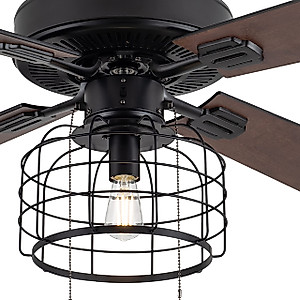 RIVER OF GOODS Industrial LED Ceiling Fan - 52" L x 52" W - Caged Ceiling Fan with Lights - Rich Barnwood/Black Fan Blades