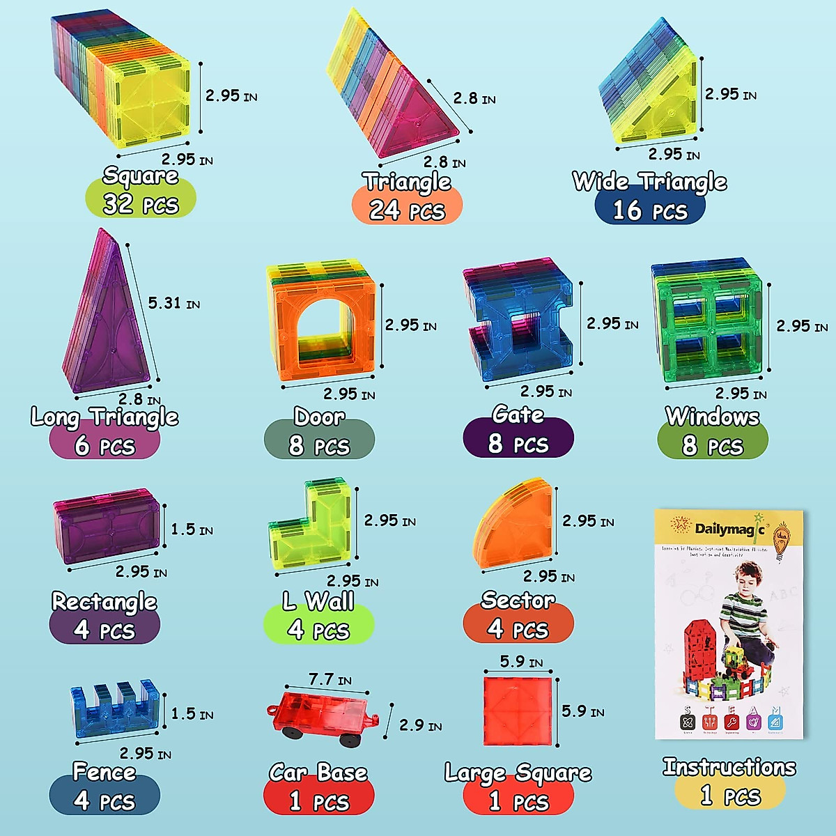 DAILYMAGIC Magnetic Tiles, 120 PCS Kid Magnet Building Toy, 3D Magnetic Block Set with STEM Preschool Education, Excellent for Boys Girls Toddlers