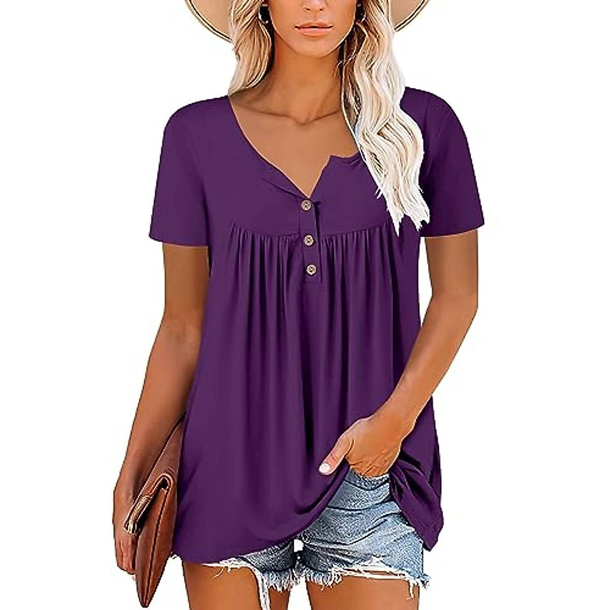 Mystry Zone Women's Vintage Short Sleeve Henley V Neck Pleated Tunic Shirt Purple Large