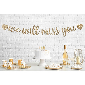 Pre-Strung We Will Miss You Banner - NO DIY - Gold Glitter Going Away, Retirement Banner in Script - Pre-Strung on 8 ft Strand - Farewell Graduation Party Decorations for Men & Women. Did we mention