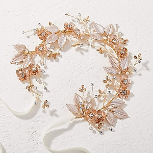 SWEETV Handmade Wedding Headpieces for Bride Hair Accessories Flower-Leaf Bridal Headband Rose Gold Wedding Hair Piece