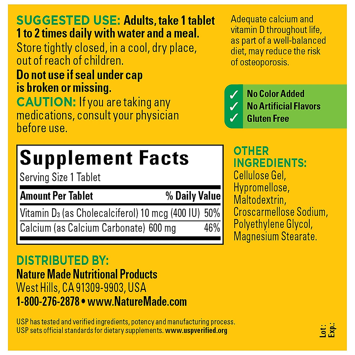 Nature Made Calcium 600 mg with Vitamin D3, Dietary Supplement for Bone Support, 220 Tablets