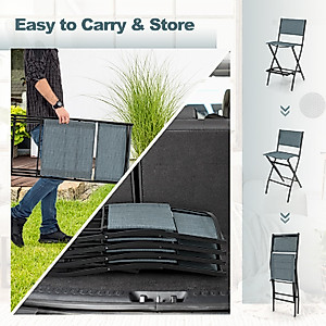 Giantex Folding Patio Bar Chairs Set of 4, Outdoor Counter Height Bar Stools with Footrest & Back, All-Weather Textilene, Metal Frame, for Porch Deck Lawn Garden, Light Blue