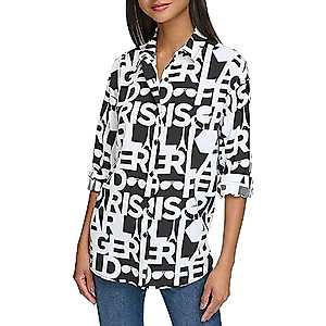Karl Lagerfeld Paris Women's Logo Oversize Blouse, Black/White Combo