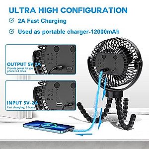 Portable Fan, Stroller Fan 60Hrs 12000mAh Battery Operated Fans USB Rechargeable Small Fan for Bedroom, Desk, Personal Handheld, Clip on Fans for Baby Stroller, Travel, Car Seat, Peloton, Bed, Camping