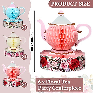 Wettarn 6 Pcs Floral Tea Party Decorations Princess Party Tea Honeycomb Tea Party Centerpieces for Tables Spring Summer Birthday Decors 3D Vintage Teapot Vase Decors for Wedding Girls Women (Floral)