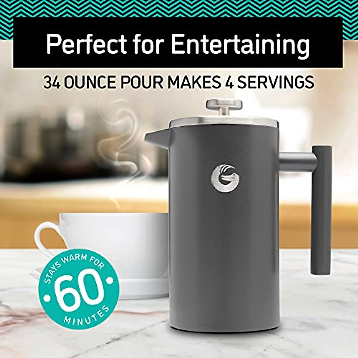 Coffee Gator French Press Coffee Maker - Thermal Insulated Brewer Plus Travel Jar - Large Capacity, Double Wall Stainless Steel - 34oz - Gray
