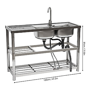 Commercial Kitchen Sink Catering Sink Commercial Stainless Steel Kitchen 2 Bowl Drainer Commercial Kitchen Prep & Free Standing Utility Sink for Garage, Restaurant, Kitchen