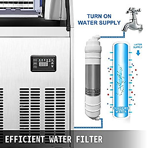 VEVOR Commercial Ice Maker Machine, 90-100LBS/24H with 33LBS Bin Stainless Steel Automatic Operation Under Counter Ice Machine for Home Bar, Include Water Filter, Scoop, Connection Hose