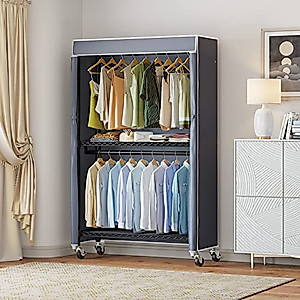 VIPEK V12C Heavy Duty Rolling Garment Rack with Cover Clothing Rack for Hanging Clothes Portable Closets with Adjustable 3 Wire Shelving, Double Rods, Freestanding Wardrobe, Black Rack with Grey Cover