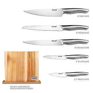 Hecef 6 Piece Kitchen Knife Block Set,All Metal Construction Hollow Handle Tapper Ground Knives & Double Sided Magnet Wood Knife Block