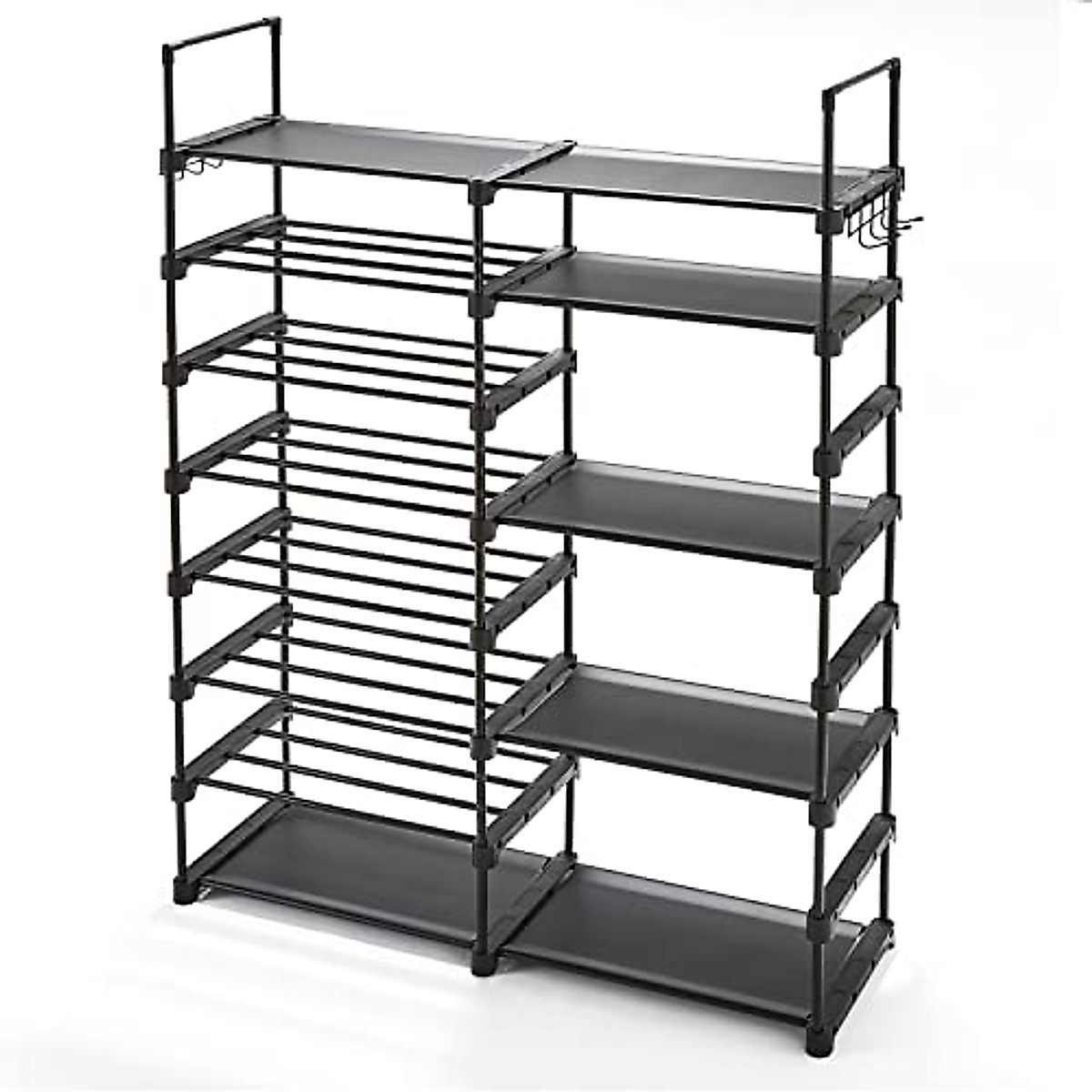 EXQ Home Black Metal Shoe Rack for Closet,8 Tiers Free Standing Shoe Racks for Entryway with Side Hooks,24-30 Pairs Shoe and Boots Shelf, Tall Shoe Organizer for College Dorm, Door and Garage