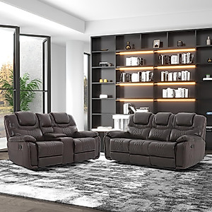 EBELLO Genuine Leather Loveseat Manual Recliner with 3 Seat Recliner Sofa, Double Recliner Chair with Cup Holder, Hidden Storage, Reclining Sofa Couch Set for Living Room