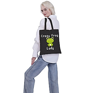 VAMSII Frog Tote Bag Crazy Frog Lady Shoulder Bag Frog Lover Gifts for Women Funny Frog Gifts Shopping Bag(BLK-Frog Lady tote)