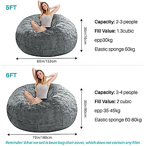 cjc Microsuede 6FT 7FT Foam Giant Bean Bag Cover Memory Living Room Chair Lazy Sofa Slipcovers(Light Grey, 6FT 150 * 75cm)