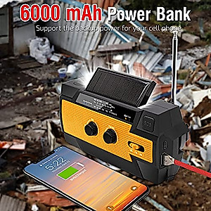 6000mAh NOAA Emergency Weather Radio, Solar Hand Crank Portable NOAA Weather Radio with 1W Flashlight & Motion Sensor Reading Lamp,Cell Phone Charger, SOS Alarm, for Home and Emergency(Orange)