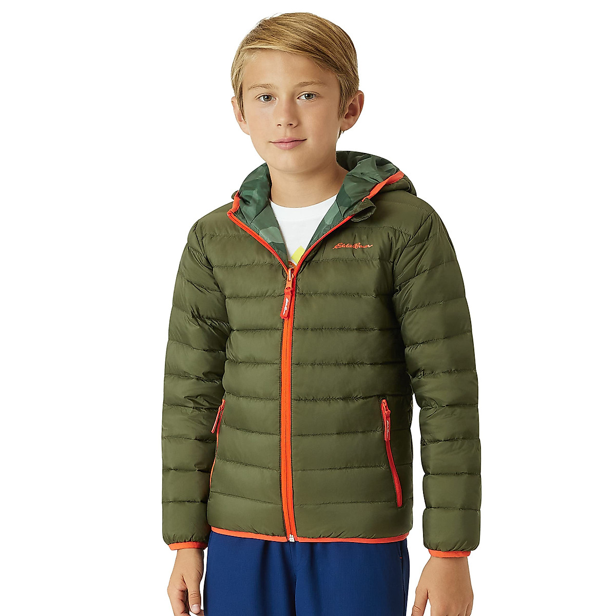 Eddie Bauer Kids' Reversible Jacket - Lightweight Waterproof Quilted Down Raincoat for Boys and Girls (3-20), Size 18-20, Olive