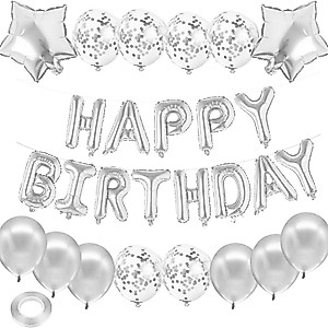 Birthday Party Decorations, Silver Set 15pcs - Happy Birthday Banner, Heart Star Balloons, Foil Confetti Balloons, 16th 18th 21th 30th 40th 50th 60th 70th Birthday Decorations Supplies (Silver)