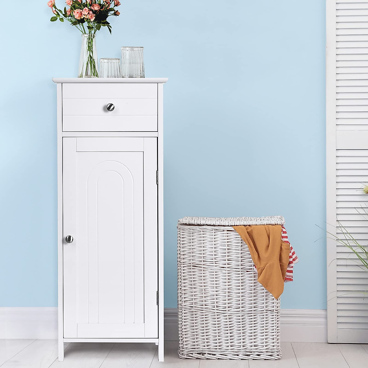 IFANNY Bathroom Storage Cabinet, Freestanding Floor Cabinet with Drawers & Doors, Narrow Towel Storage for Small Bathroom, Wooden Storage Cabinet for Laundry Room, Living Room, Bedroom (White)