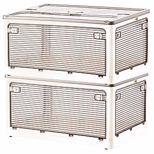 2Pack 44 Qt Collapsible Storage Bins with Lids, 10 Gal Foldable Plastic Storage Box with Wheels, Clear Storage Containers, Stackable Storage Bins, Containers for Organizing, Storage Box with Door