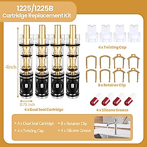 Fluronic 4 Pack 1225 Replacement Cartridge Compatible with Moen Single Handle Faucet/Showers, Dual Seal 1225/1225B Shower Cartridge Replacement Fits Bathroom Shower and Kitchen Sink Faucet Cartridge