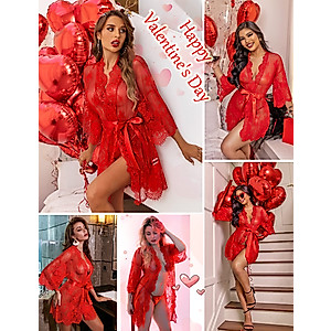 Avidlove red robe Women's Lace Kimono Robe Babydoll Lingerie Mesh Nightgown Red XL