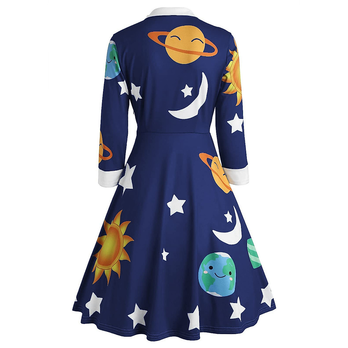 ZEZCLO Women's Long Sleeve Peter Pan Collar A-line Dress Halloween Costume Vintage Solar System Fit and Flare Dresses Dark Blue L