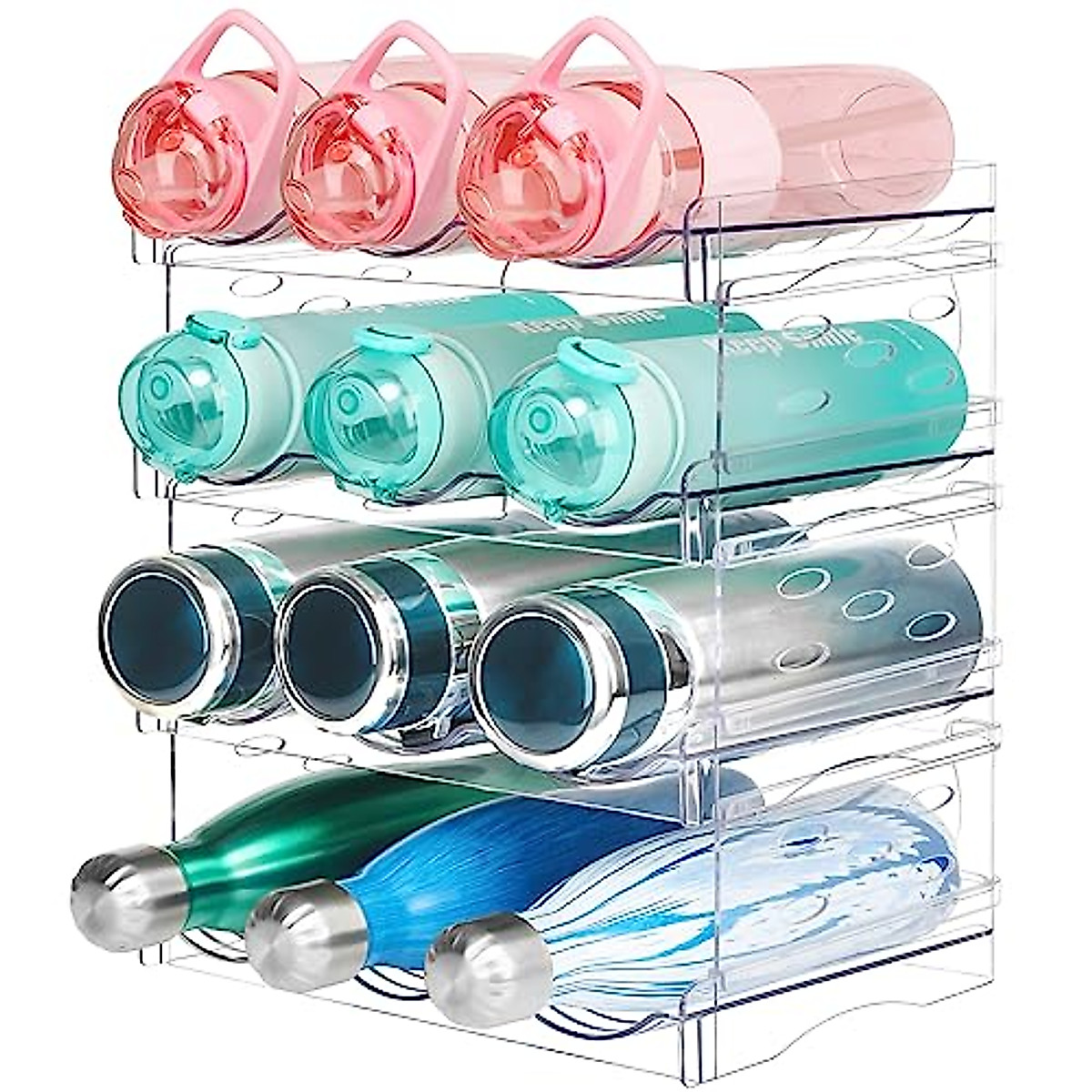 Water Bottle Organizer for Cabinet, Stackable Water Bottle Holder for Kitchen Pantry Organization and Storage, Plastic Wine Rack, Drink Organizer for Fridge, Freezer -4 Packs, Hold 12 Bottles, Clear