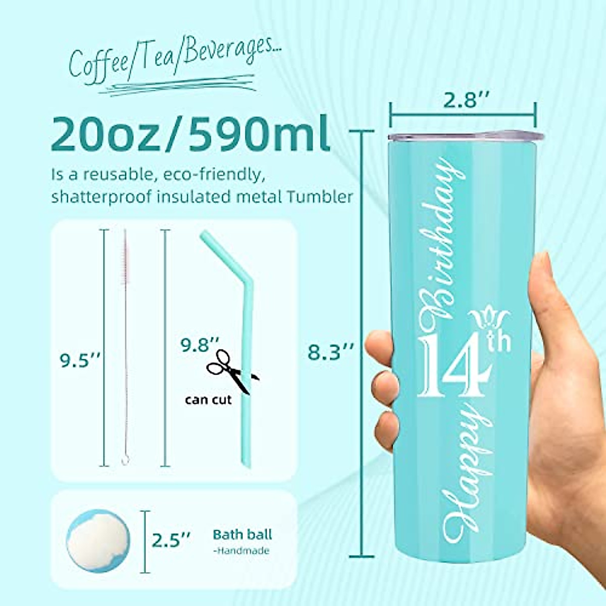 Happy 14th Birthday Gift Set for Girls - 14th Birthday Tumbler, Party Supplies, and Unique Gifts for Best Friends and Sisters - Cool Birthday Gift Basket Ideas for Female Friends