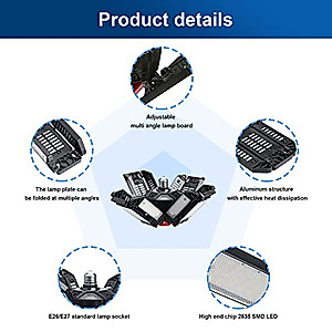 Garage Lights Ceiling Led 2 Pack Plug in Shop Ligthts,180W 18000 LM 6500K Garage Lights Ceiling LED,12 Leaf Deformable Multi-Position Panels Garage Lights E26 E27 Base,for Barn,Workshop,Basement