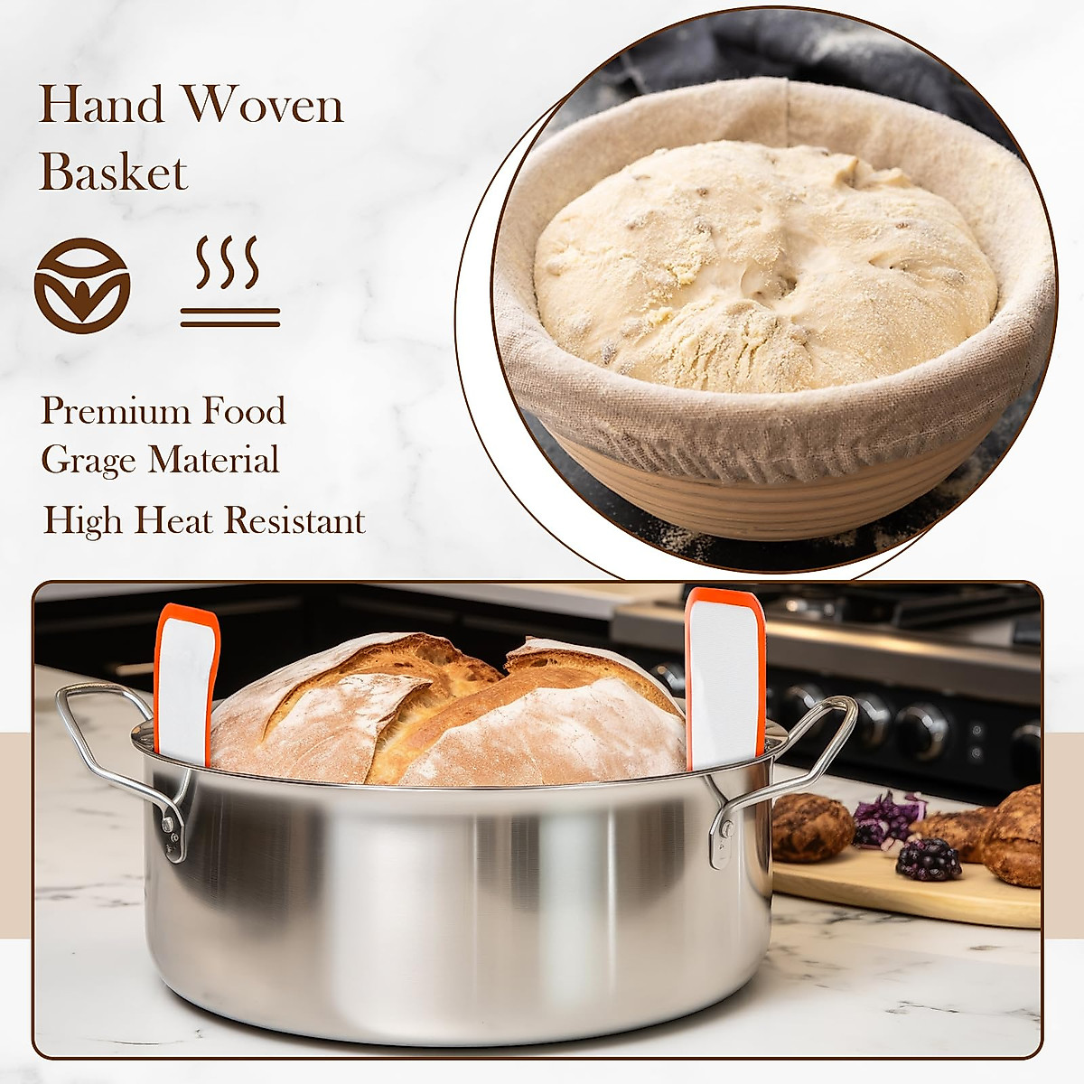 Thyle 2 Pack 9 Inch Banneton Bread Proofing Basket Set Round Rattan Sourdough Bread Baking Supplies with Liner Silicone Bread Sling Bread Making Supplies Tools Scraper Kit Bread Lame with Blades Brush